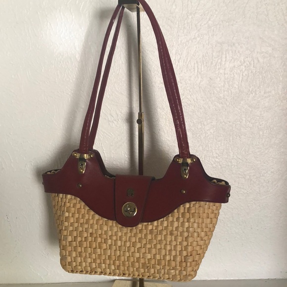 Bags | Elegant Red And Tan Woven Tote Bag | Poshmark